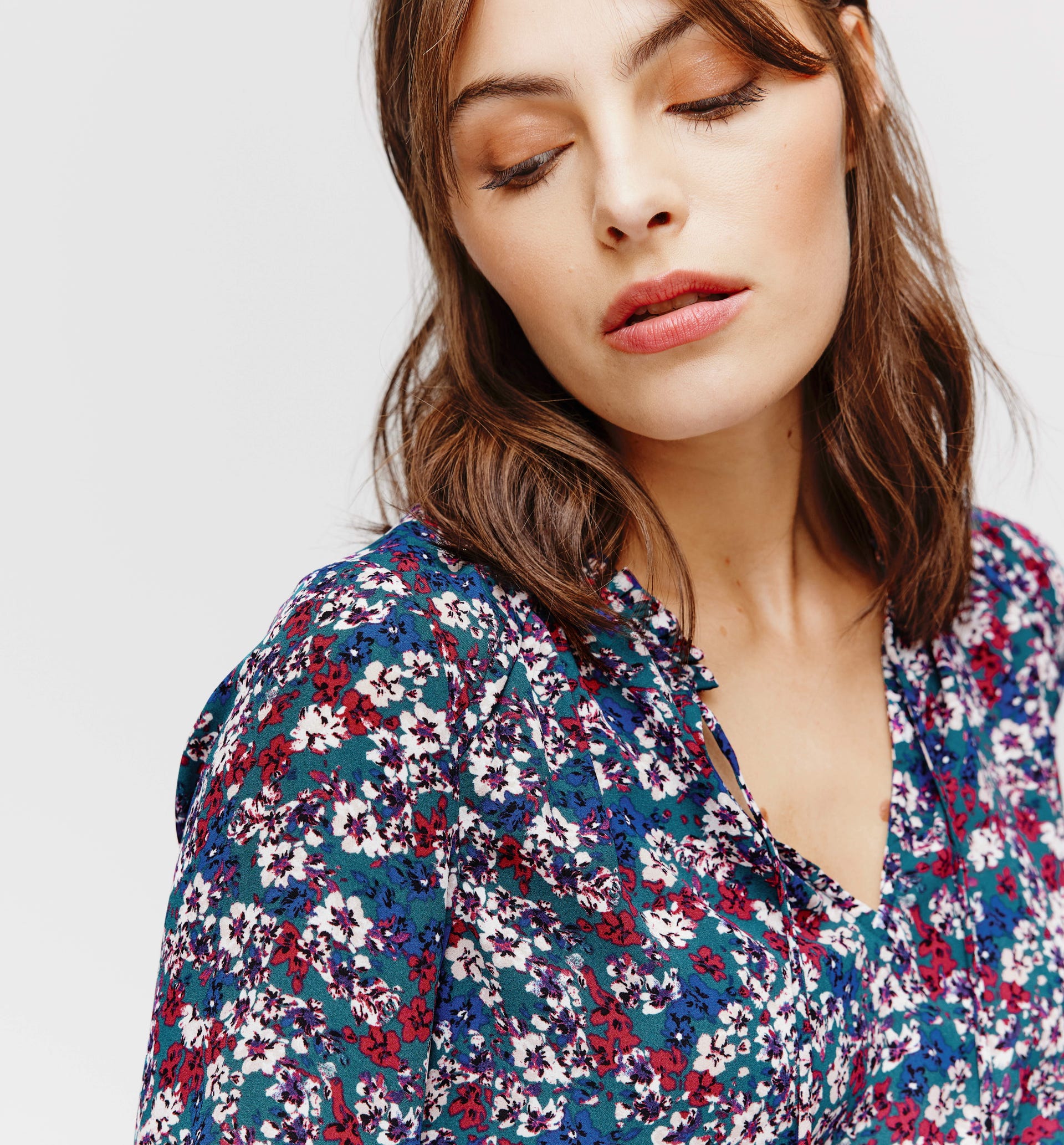 Patterned frilly detail blouse - Peacock blue print