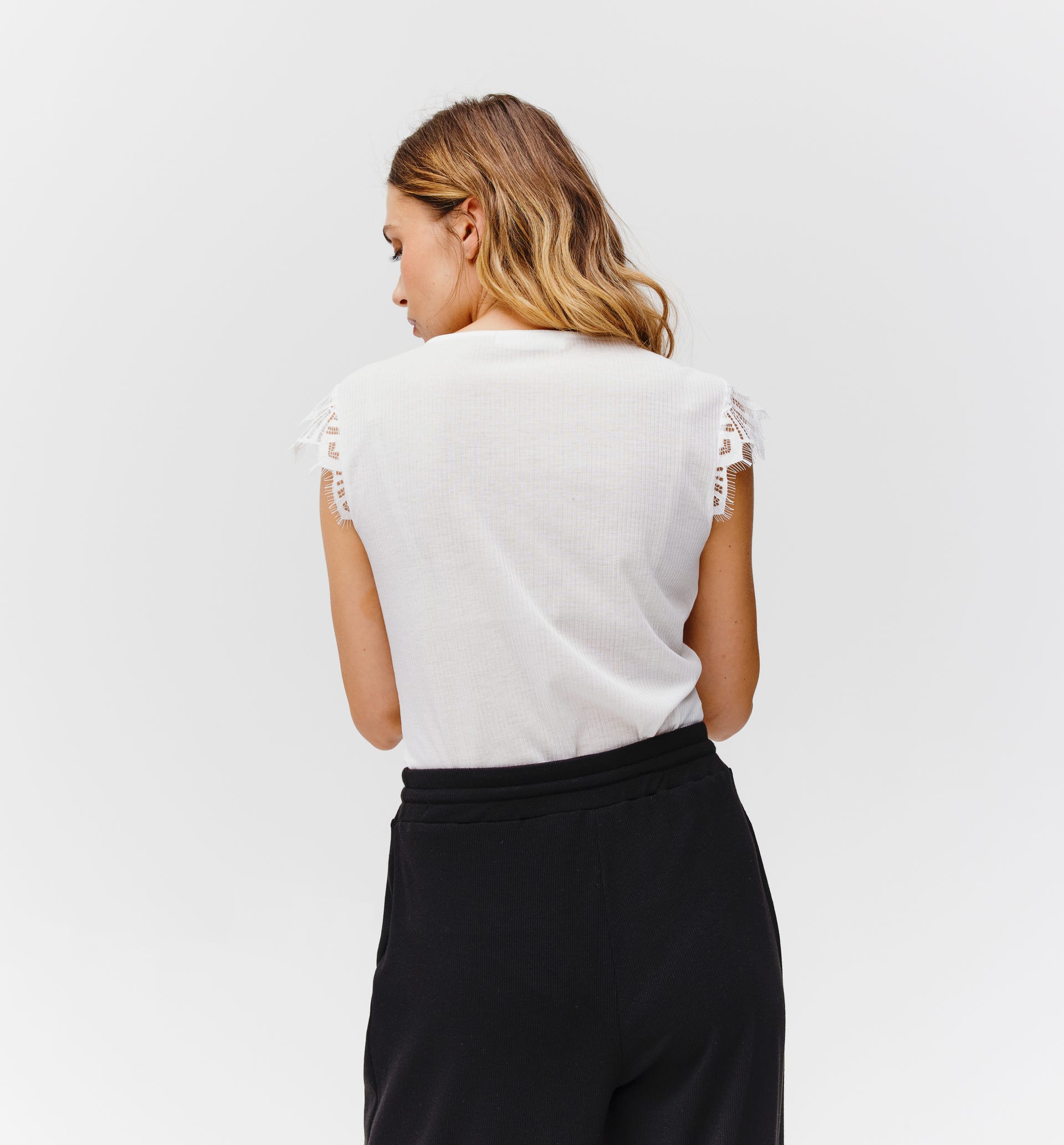 Rib Top With Lace Detail Ecru