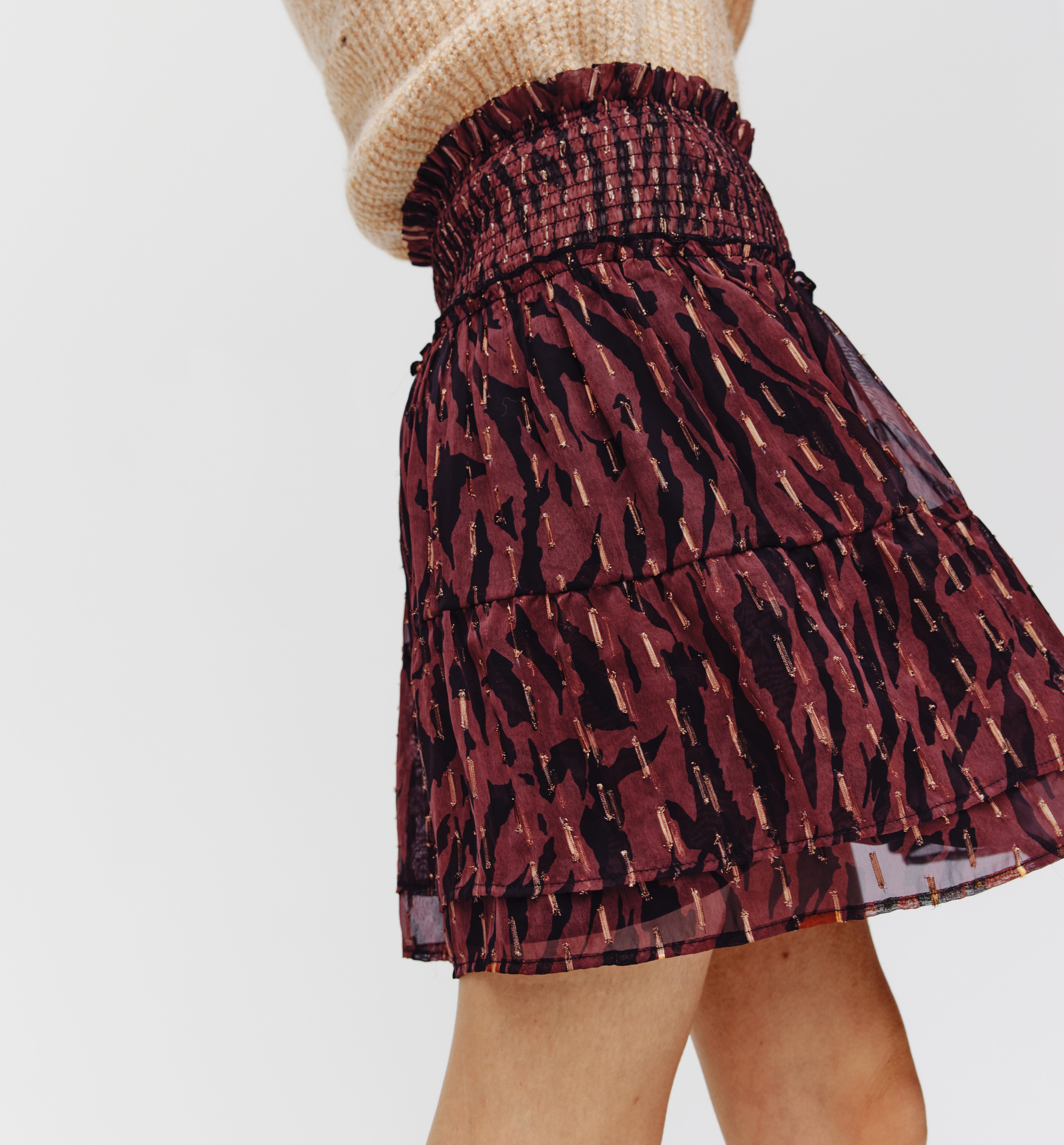 Smocked Frilly Skirt Bordeaux Red Print