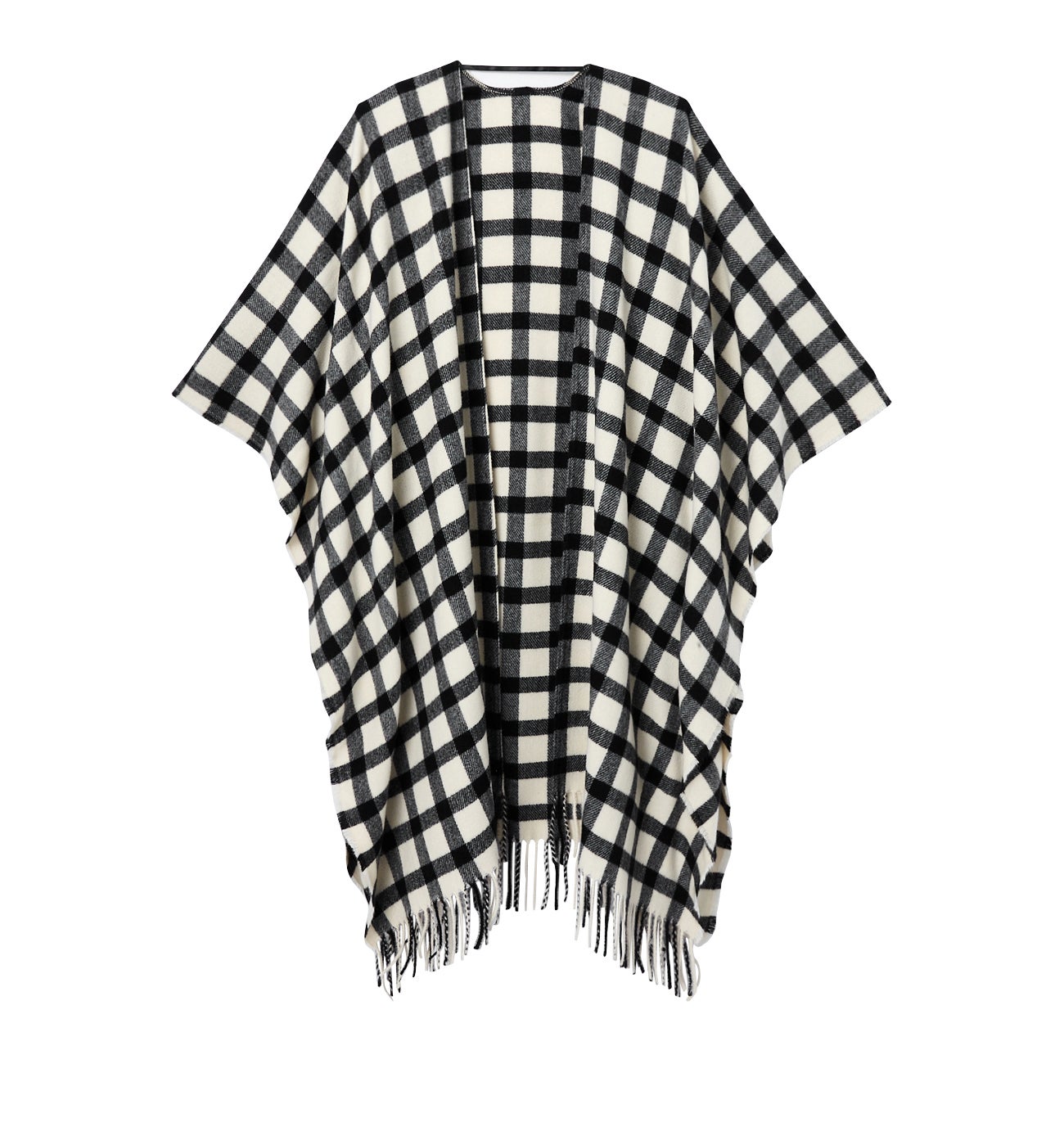 Long checked poncho - Black print
