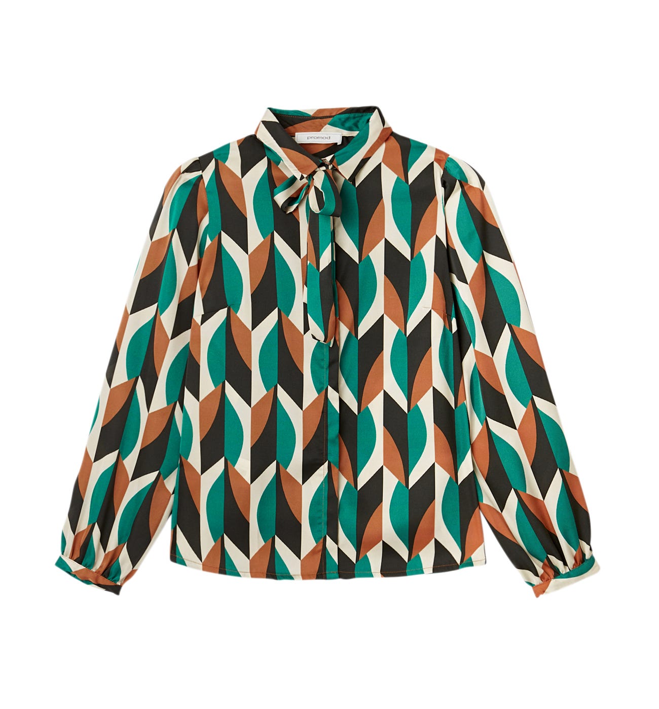 Silky tie-neckline blouse - Green print