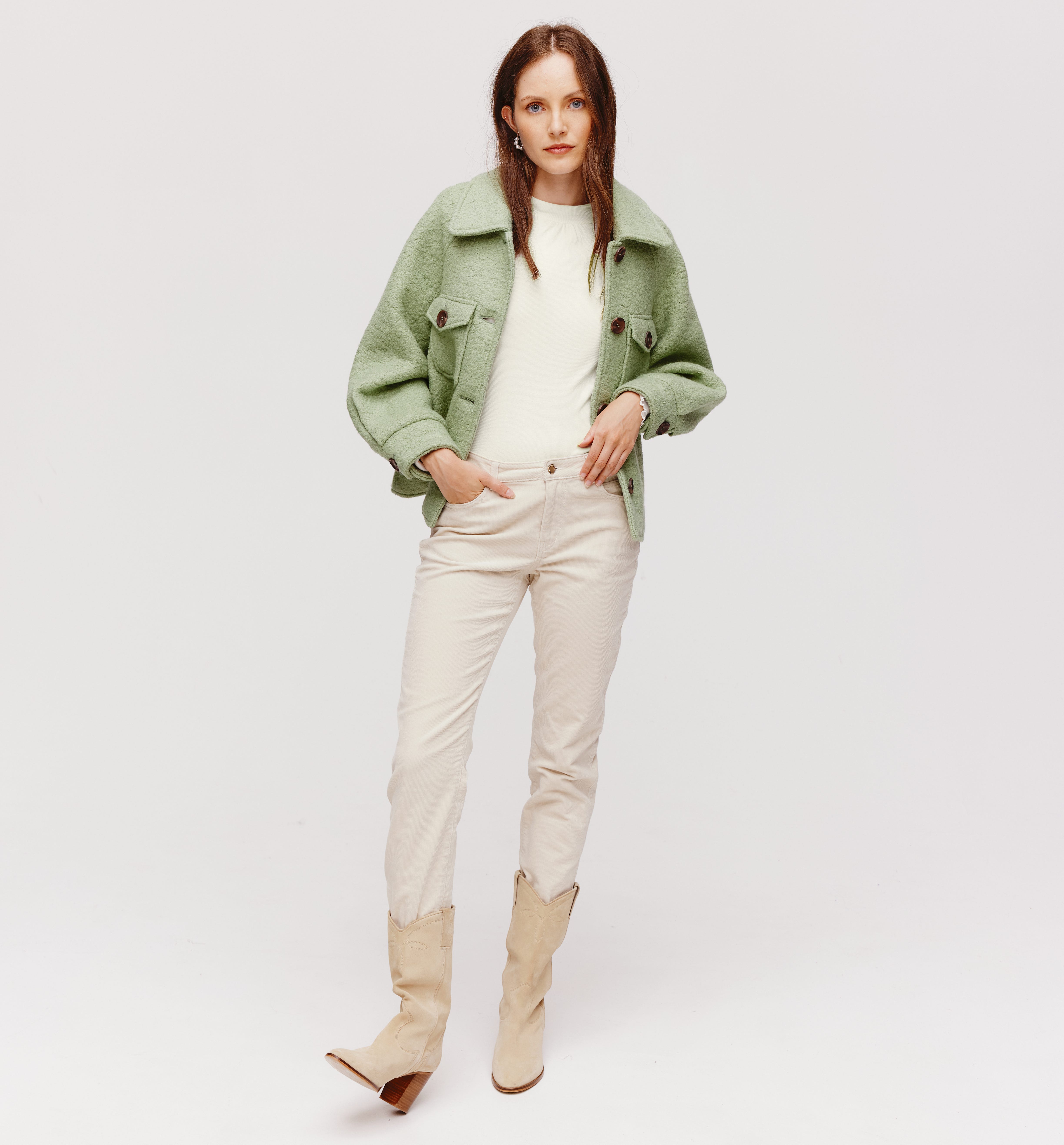 Rib Raised Neckline Top Ecru