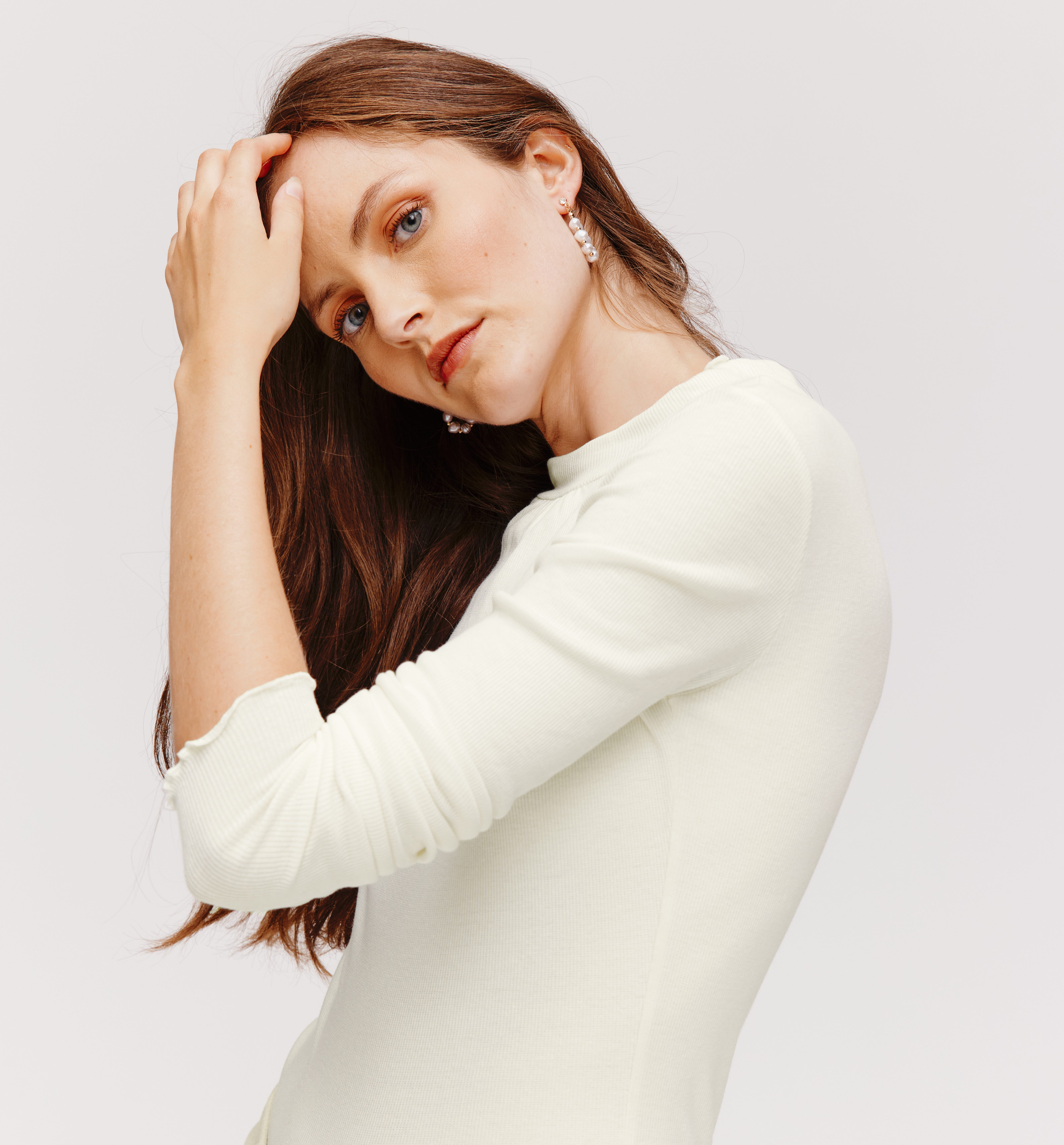 Rib Raised Neckline Top Ecru