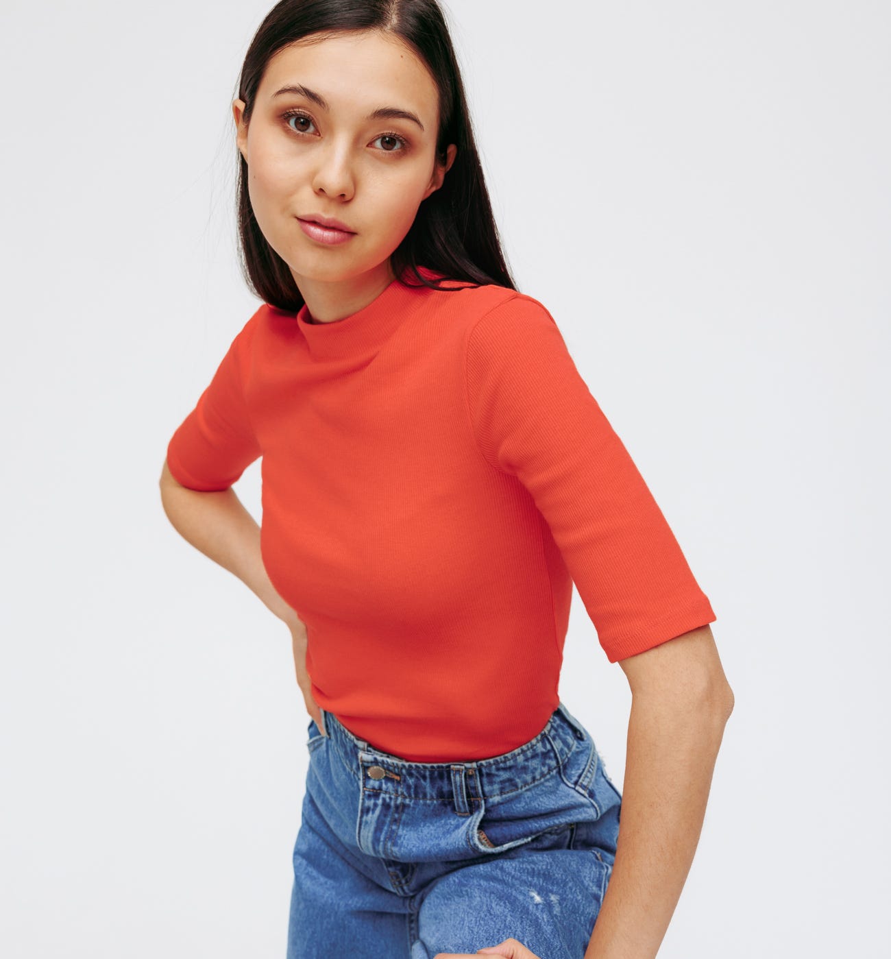 Plain Raised Neckline Top Orange