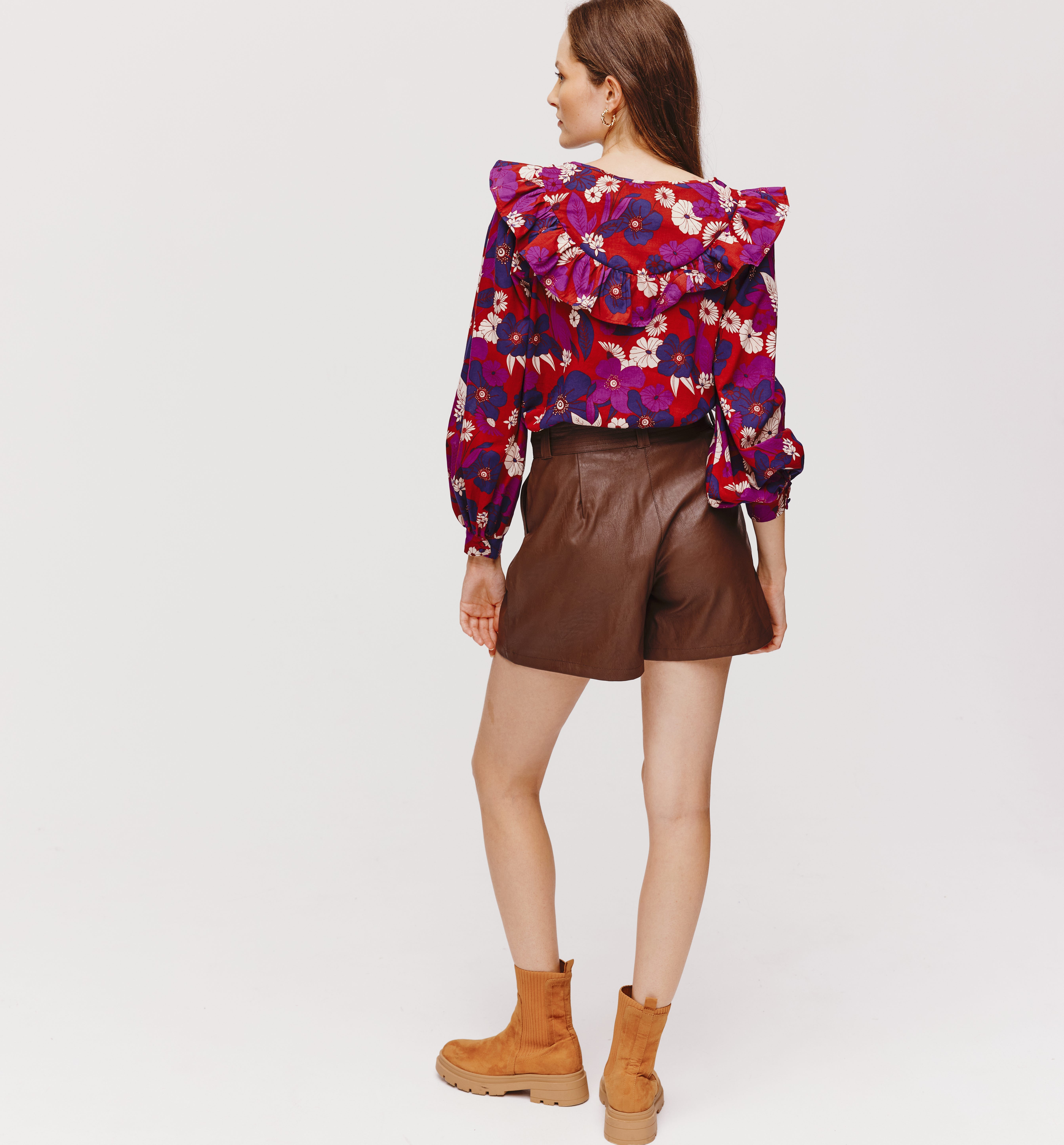 Frilly patterned blouse - Dark red print