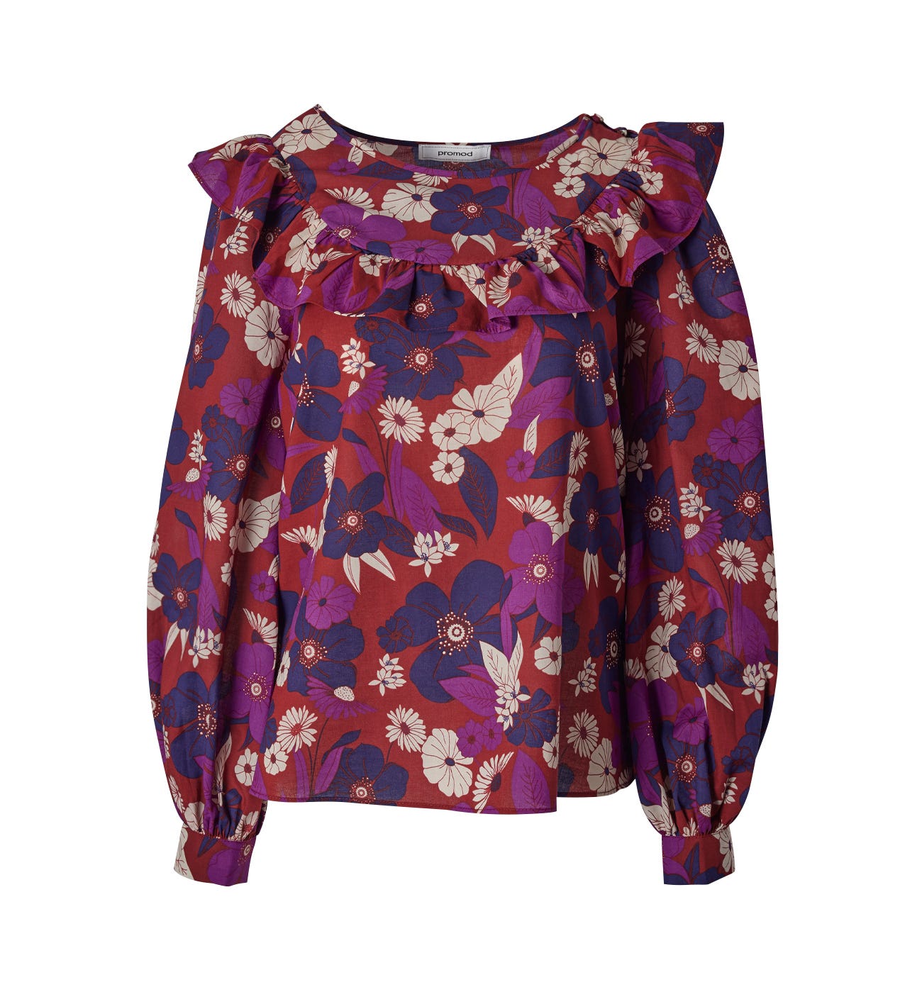 Frilly patterned blouse - Dark red print