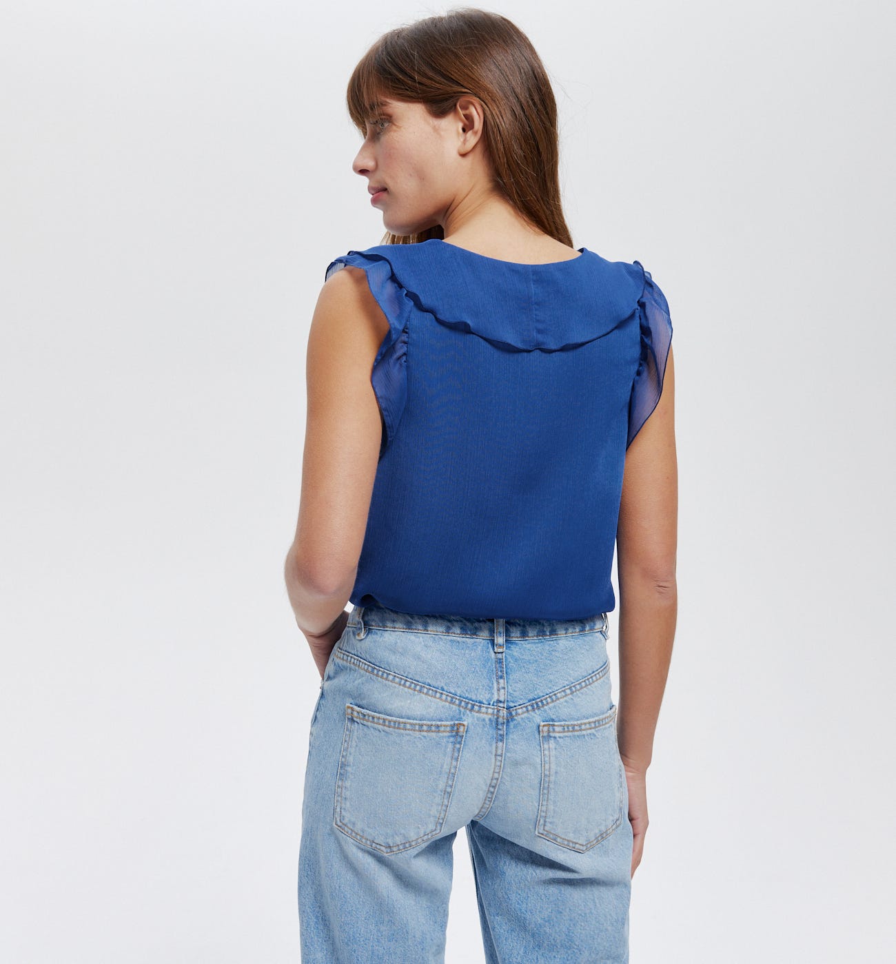 Top with frilly neckline - Blue