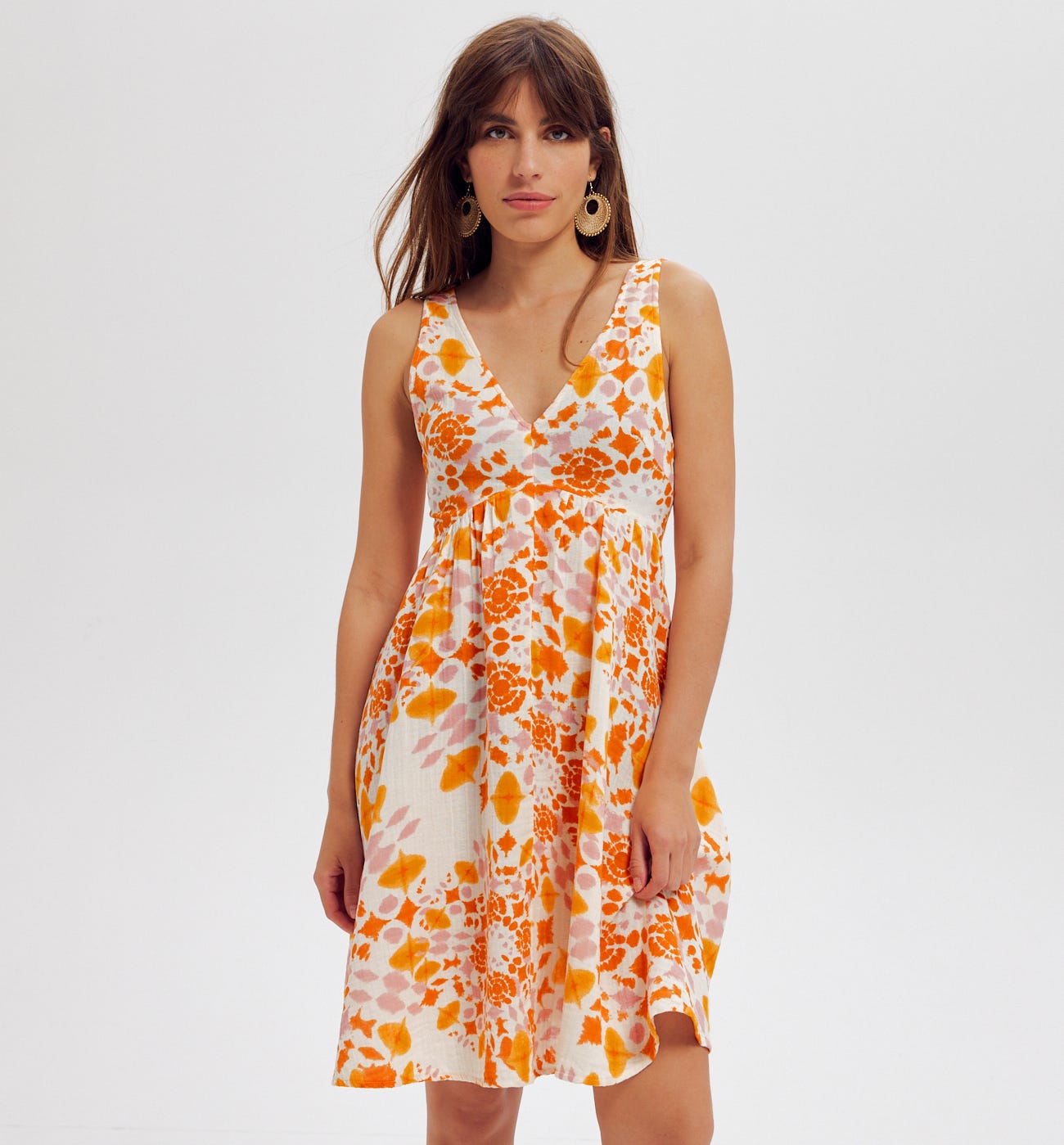 Cotton gauze low-back dress - Ecru print