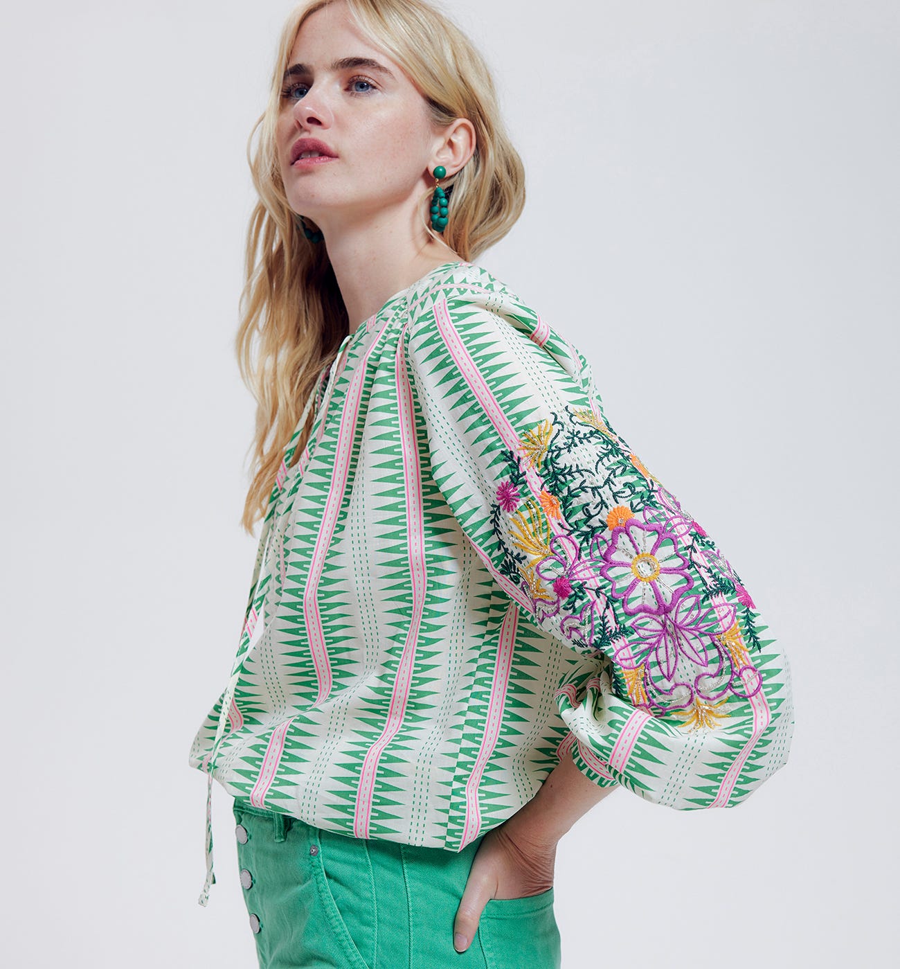 Embroidered blouse - Green stripes