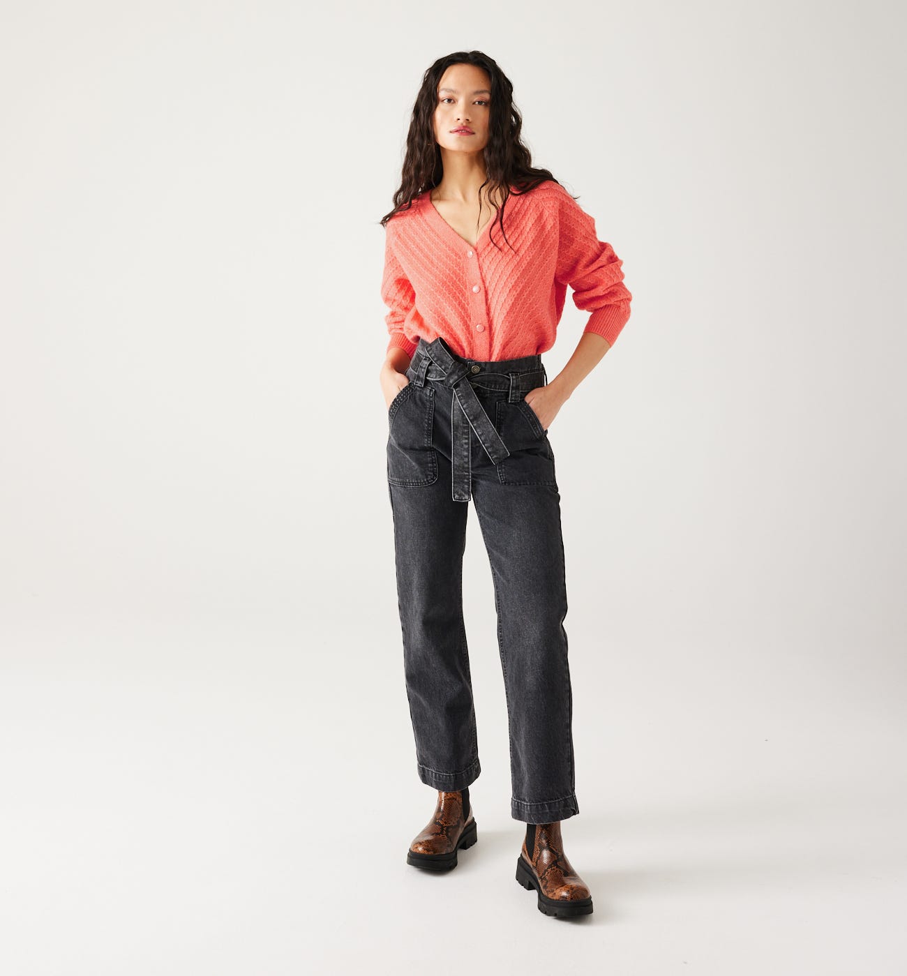 Two-way cable knit cardigan - Peach