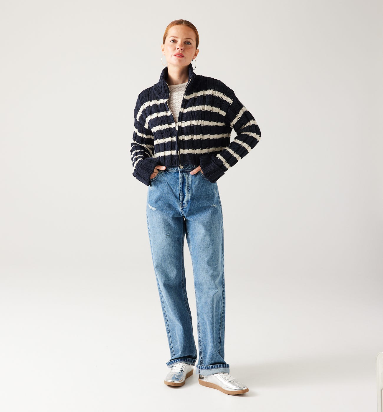 Short nautical cardigan - Navy blue stripes