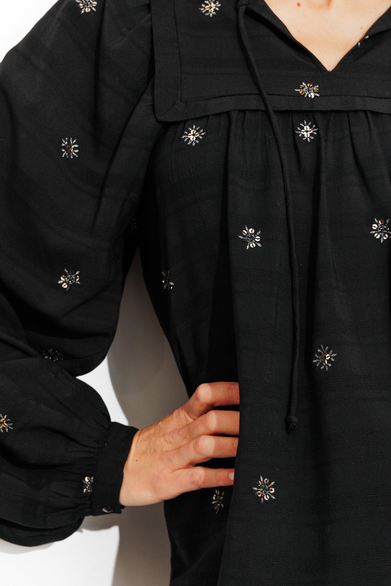 Embroidered bib front blouse - Black