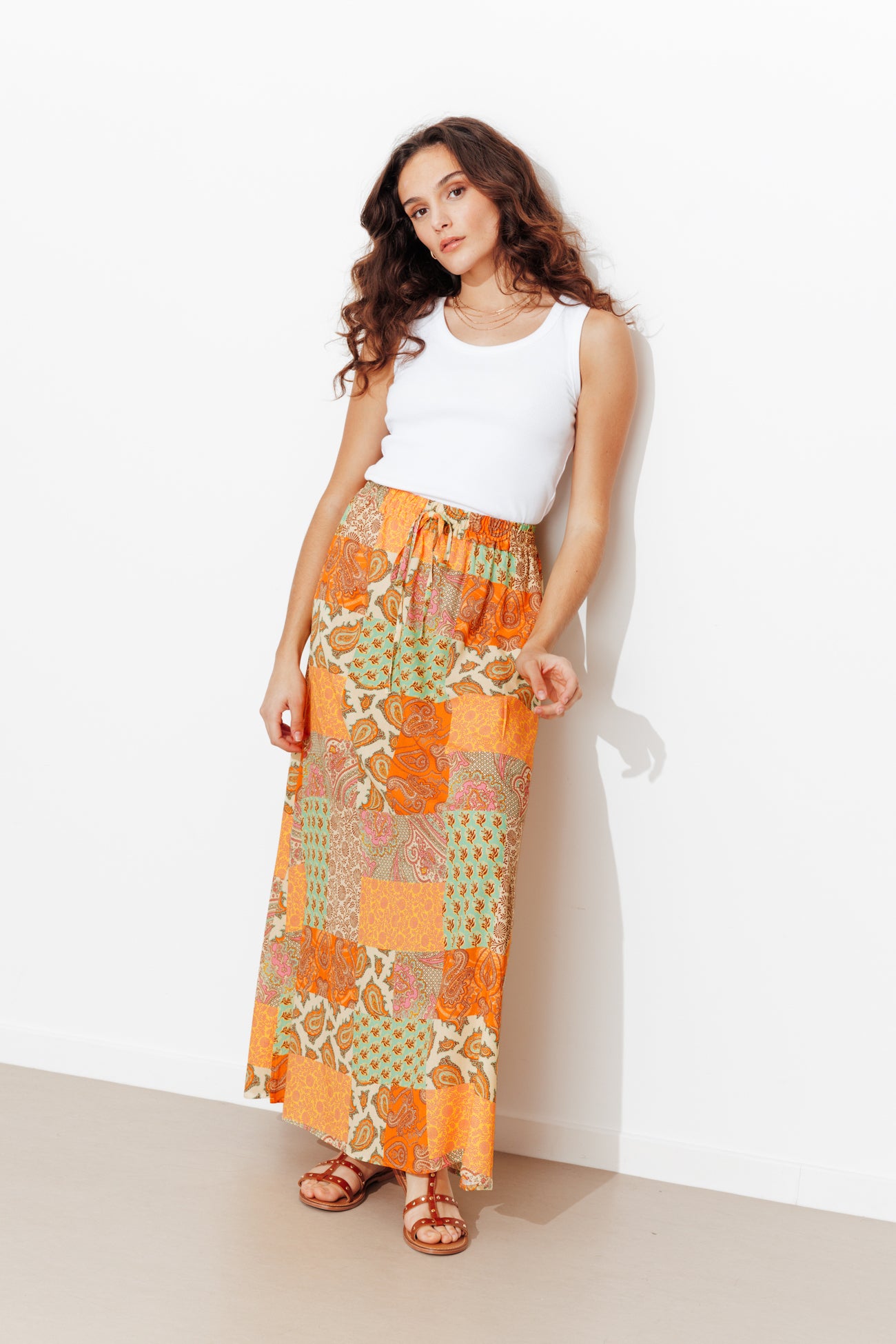 Long patchwork pattern skirt - Multicolour print
